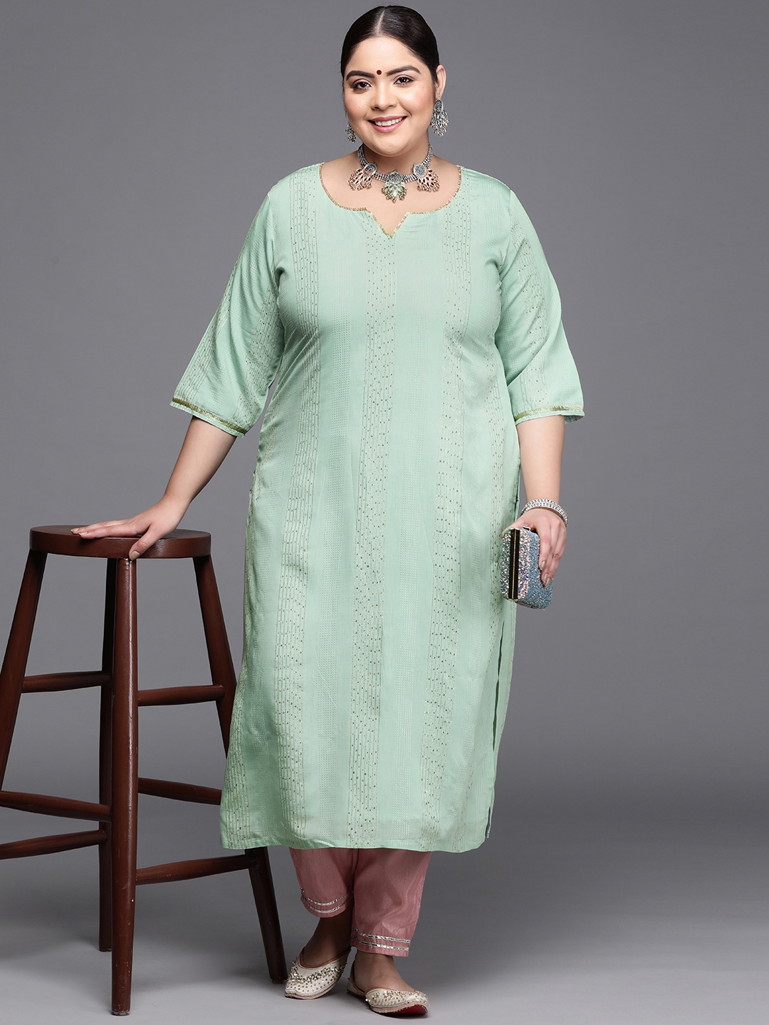 Buy Extra Love By Libas Women Plus Size Sea Green Woven Design Kurta