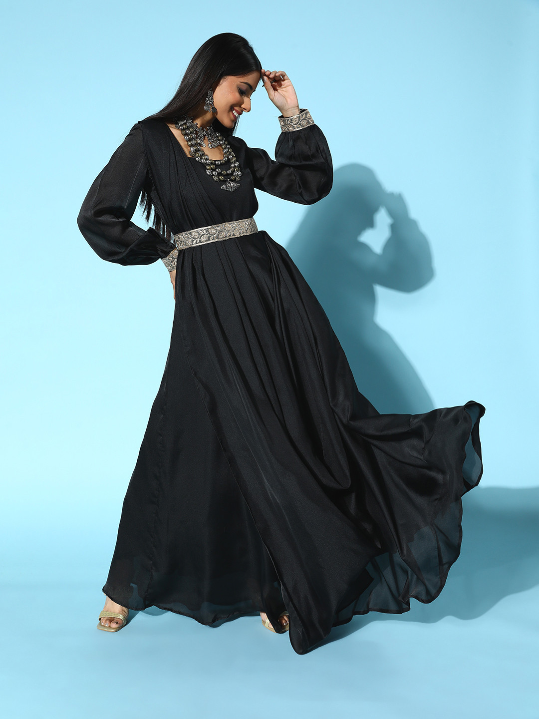 Buy Inddus Women Classic Black Solid Ethereal Embroidery Dress - Ethnic ...