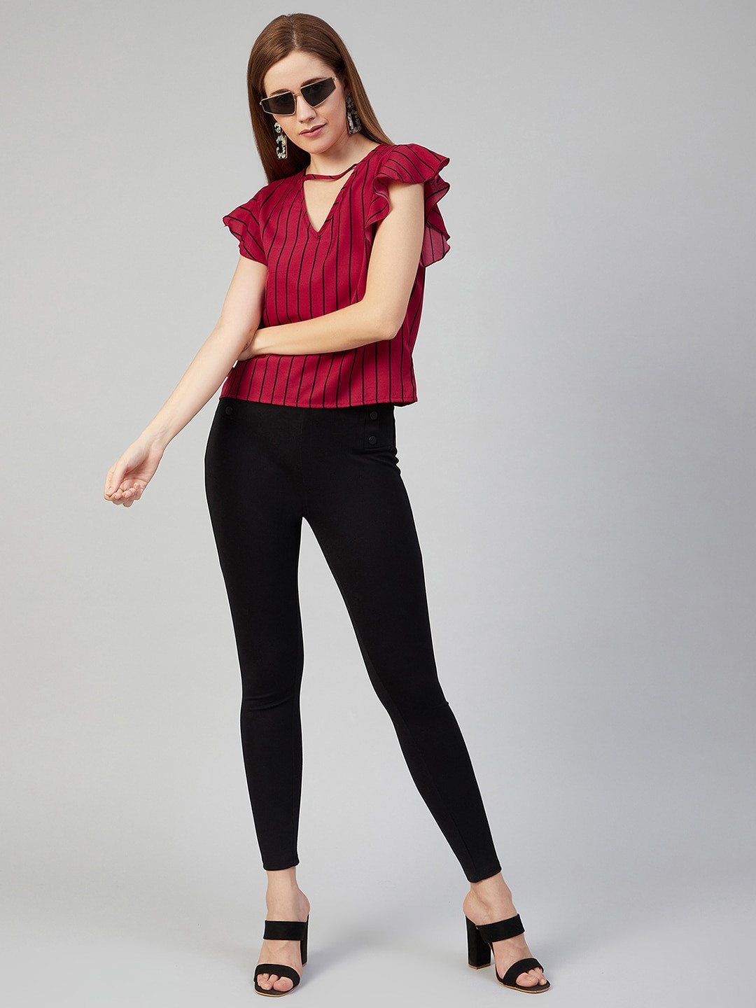 Buy CHIMPAAANZEE Red & Black Striped Keyhole Neck Ruffles Top - Tops ...