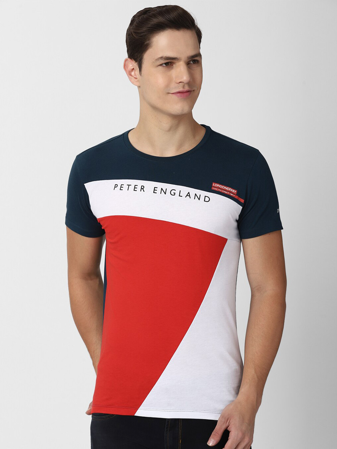 Buy Peter England Casuals Men Navy Blue & Red Colourblocked Slim Fit T ...