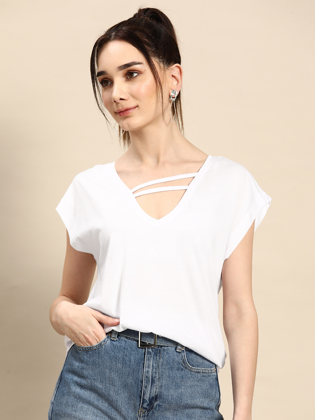 Buy OXXO X City Collection White V Neck Knitted Top - Tops for Women ...
