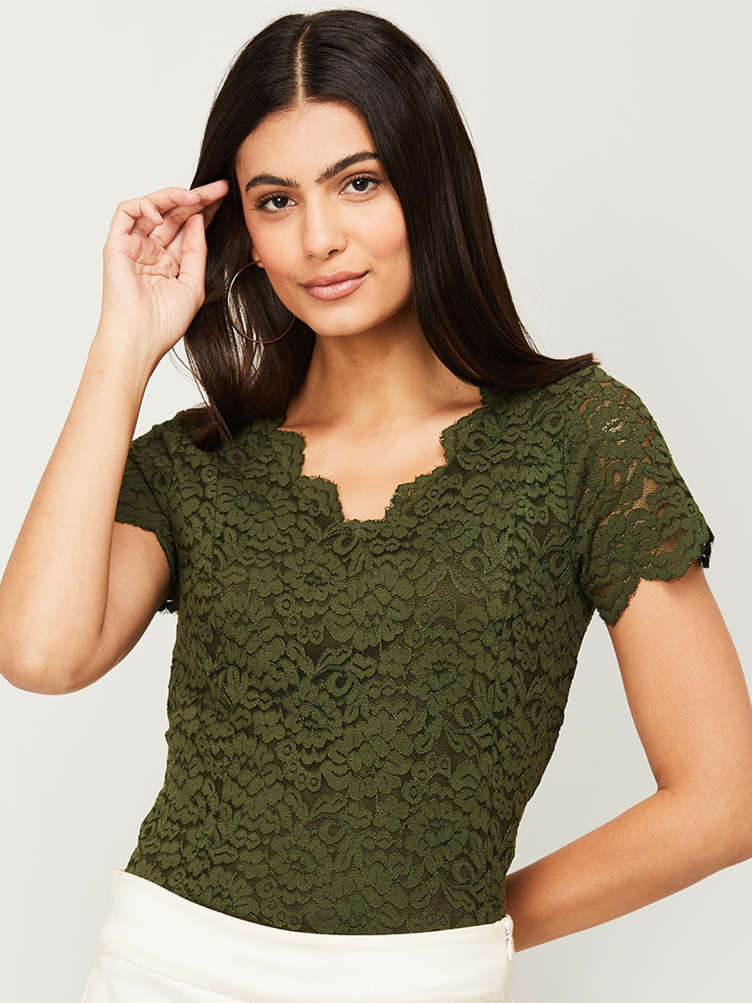 Buy CODE By Lifestyle Women Olive Green Self Design Top - Tops for ...