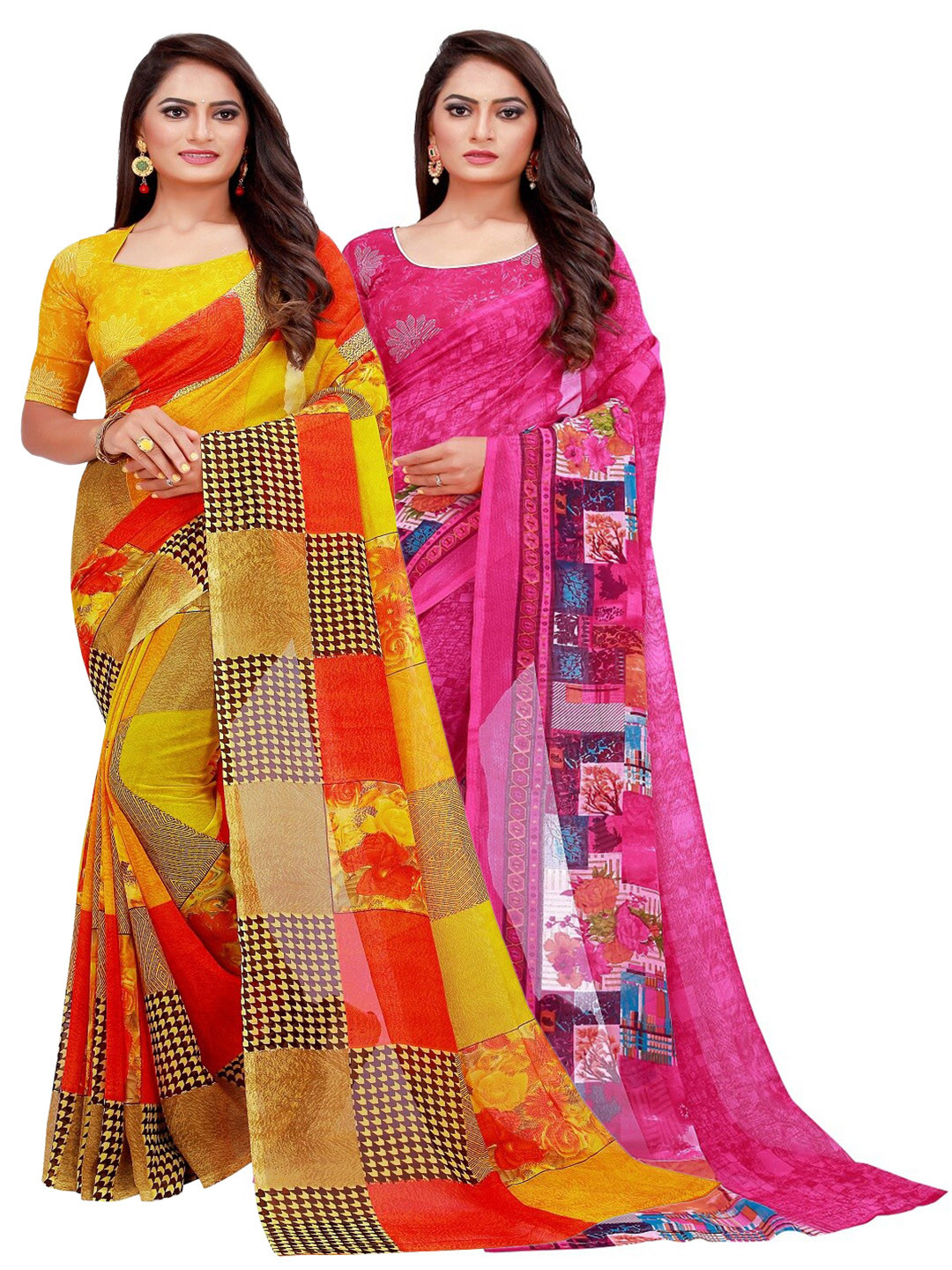 Buy Florence Yellow & Pink Pack Of 2 Pure Georgette Saree - Sarees for ...
