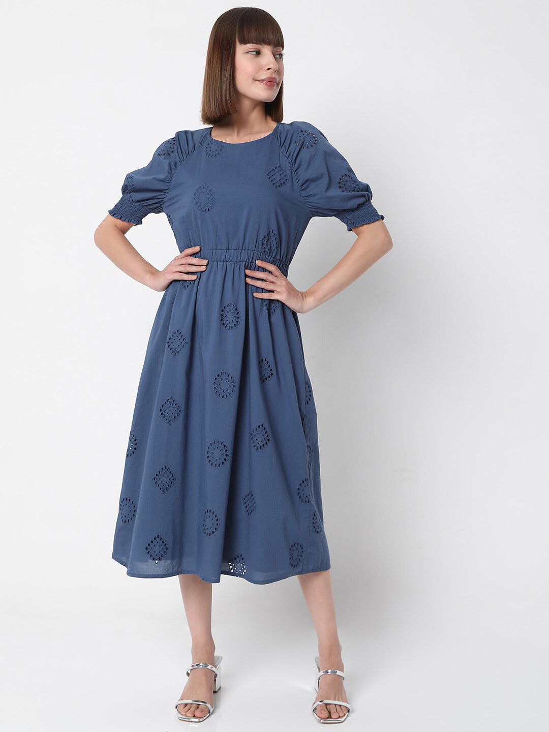 Buy Vero Moda Women Blue Self Design A Line Cotton Dress - Dresses for ...