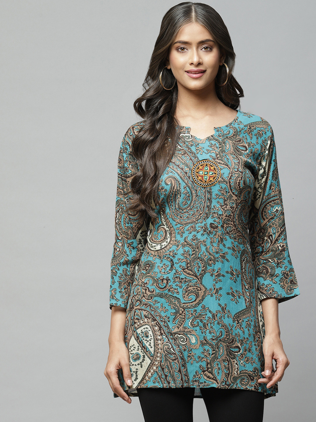 Buy Aarika Turquoise Blue & Brown Print Longline Pure Cotton Top - Tops ...