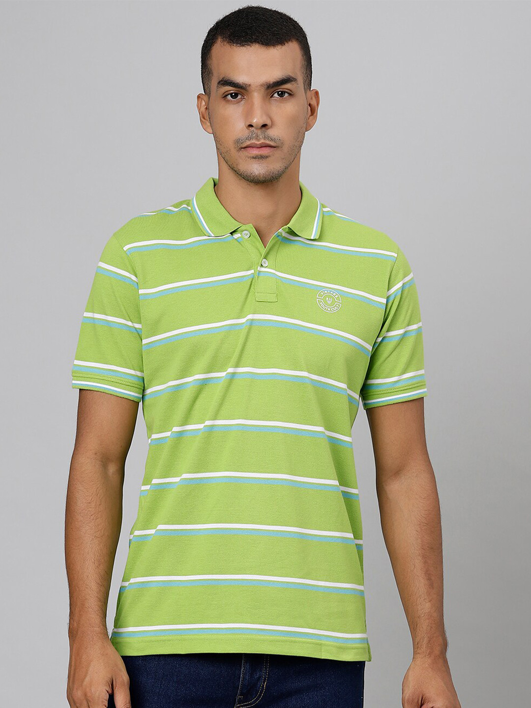 Buy Richlook Men Green & White Striped Polo Collar Slim Fit T Shirt ...