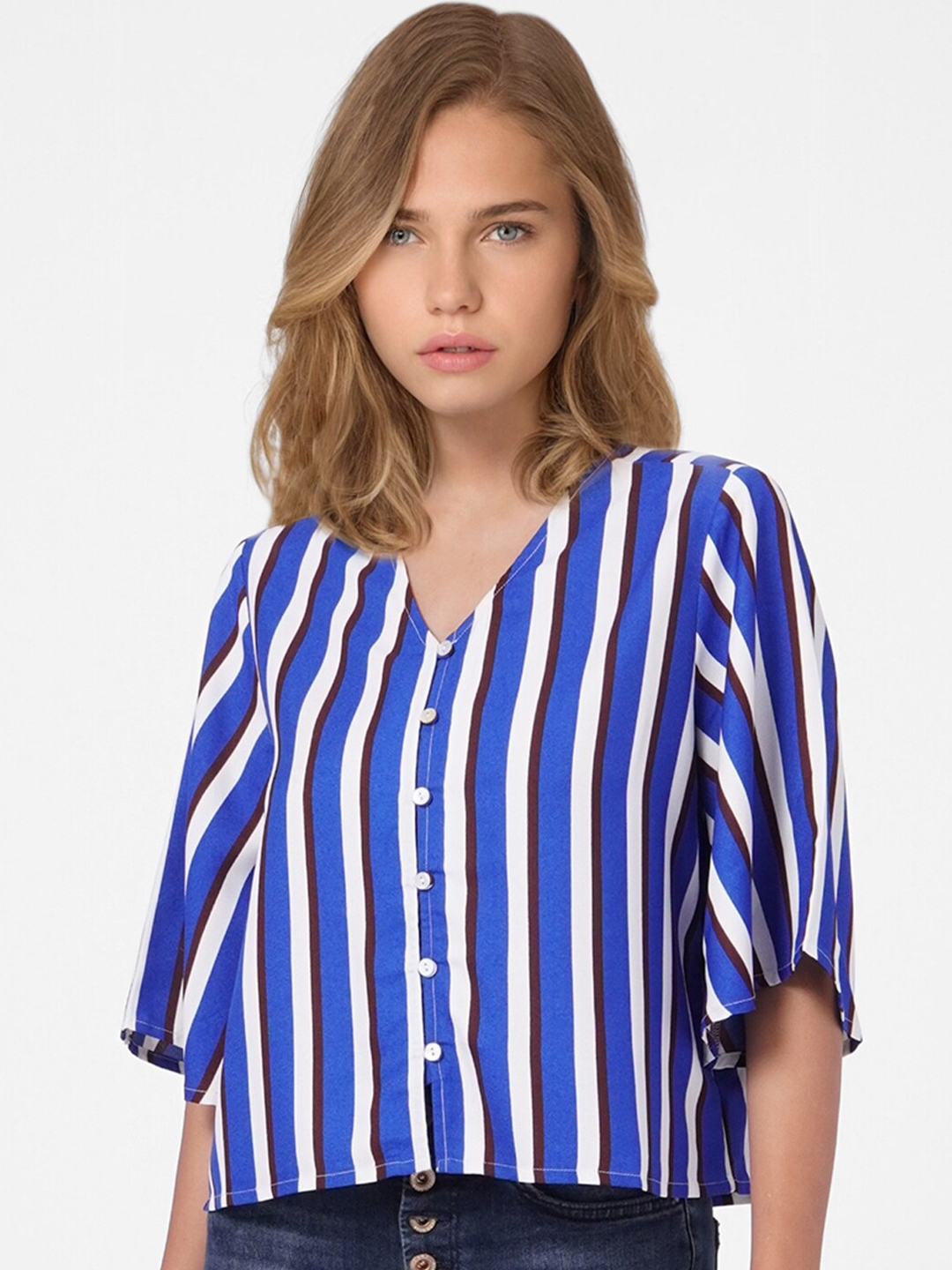 Buy Only Women Blue Striped Shirt Style Crop Top Tops For Women