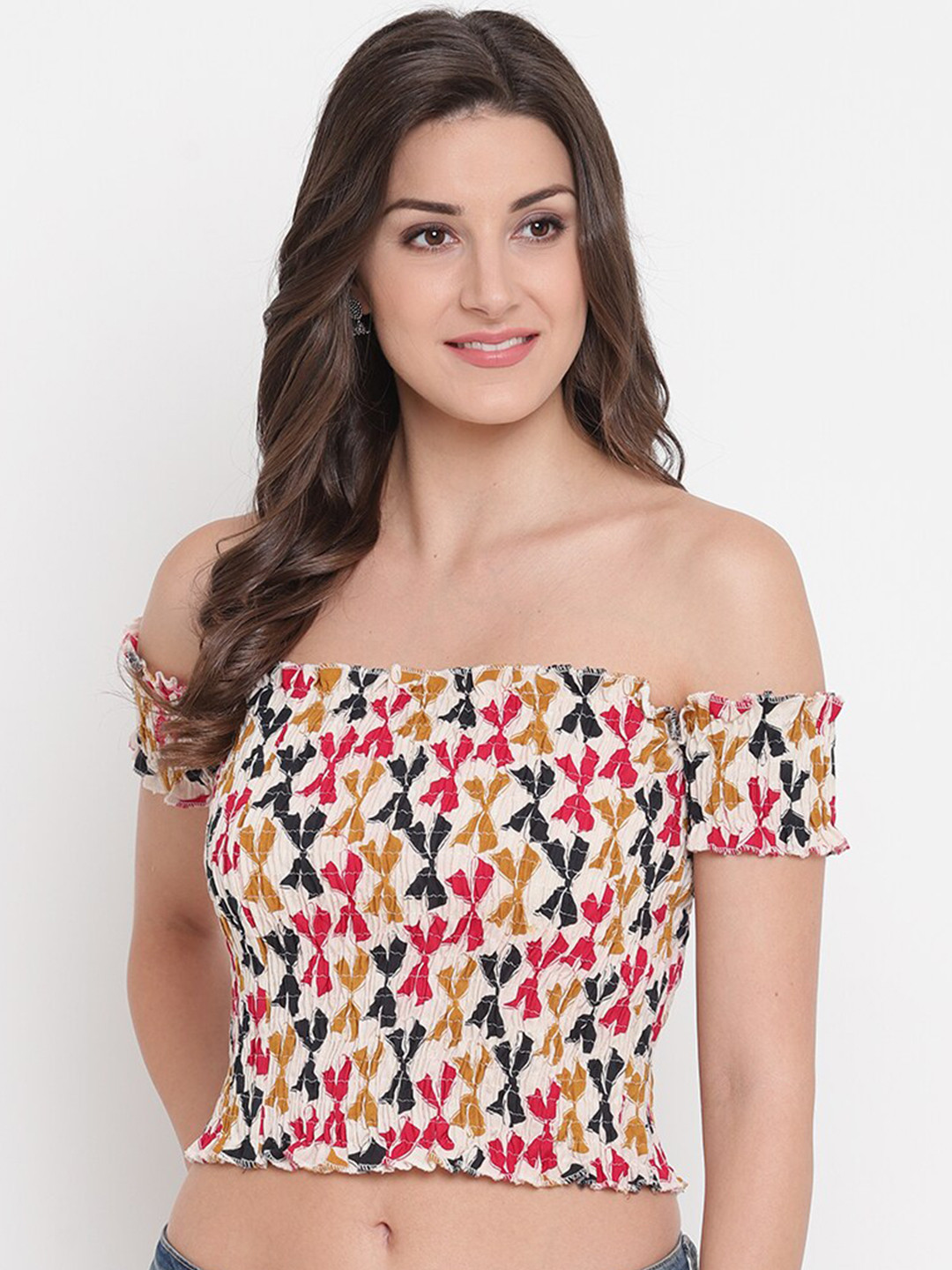 Buy Aawari Women Multicoloured Print Off Shoulder Cotton Bardot Crop ...