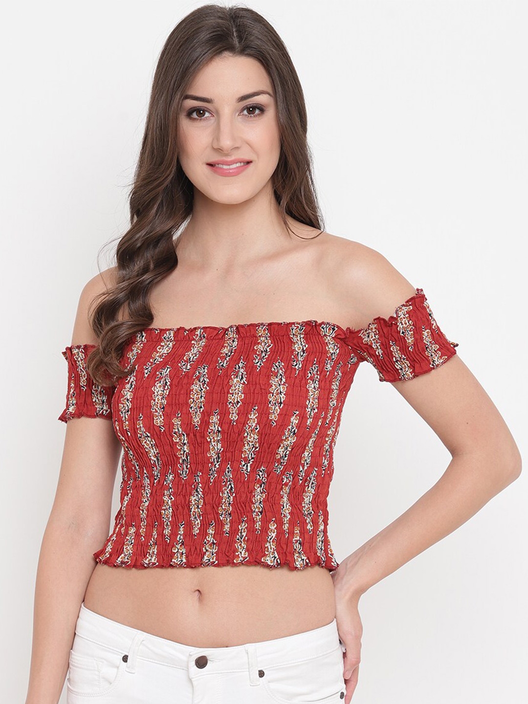 Buy Aawari Women Red Floral Print Off Shoulder Cotton Bardot Crop Top