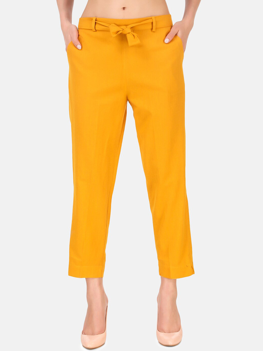 Buy Aawari Women Mustard Yellow High Rise Cotton Pleated Trousers ...