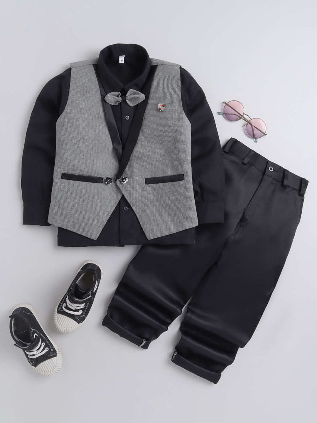 Buy DKGF FASHION Boys Grey & Black Solid Shirt With Trousers - Clothing ...