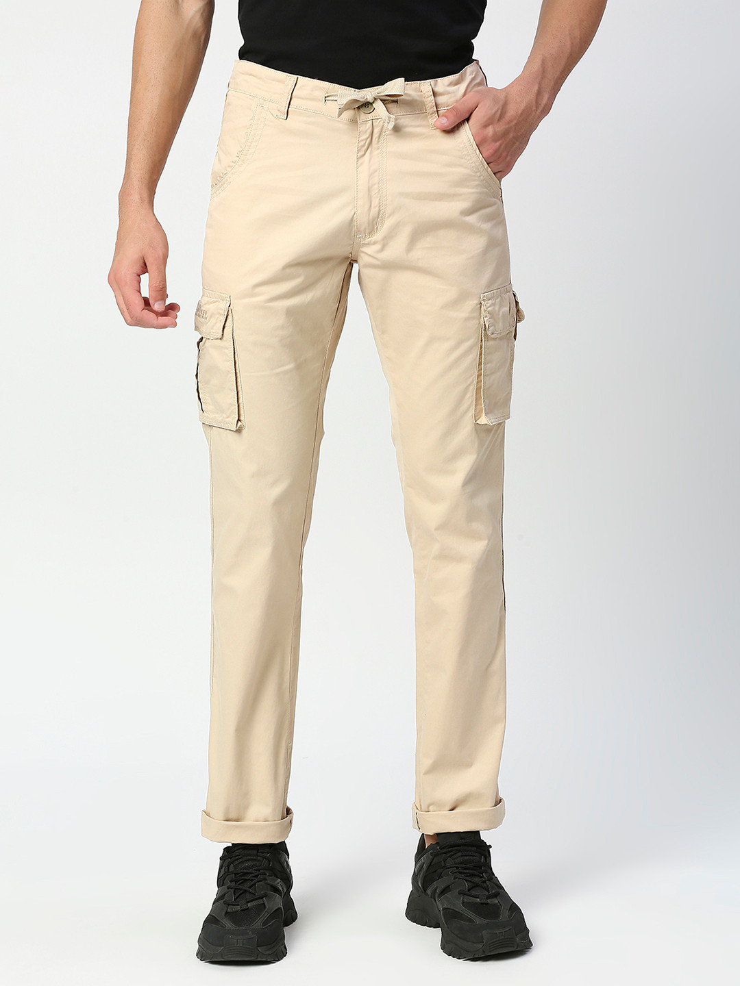 Buy Beevee Men Beige Relaxed Pure Cotton Cargos Trousers - Trousers for ...