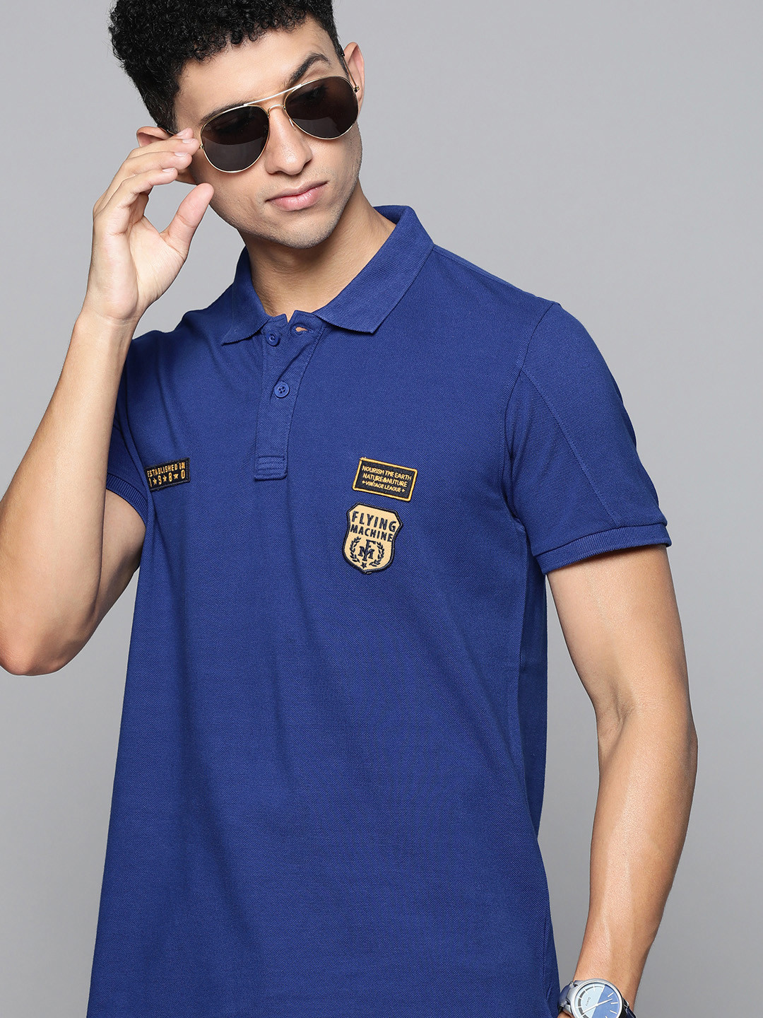 Buy Flying Machine Men Blue & Brown Brand Logo Printed Pure Cotton Slim ...