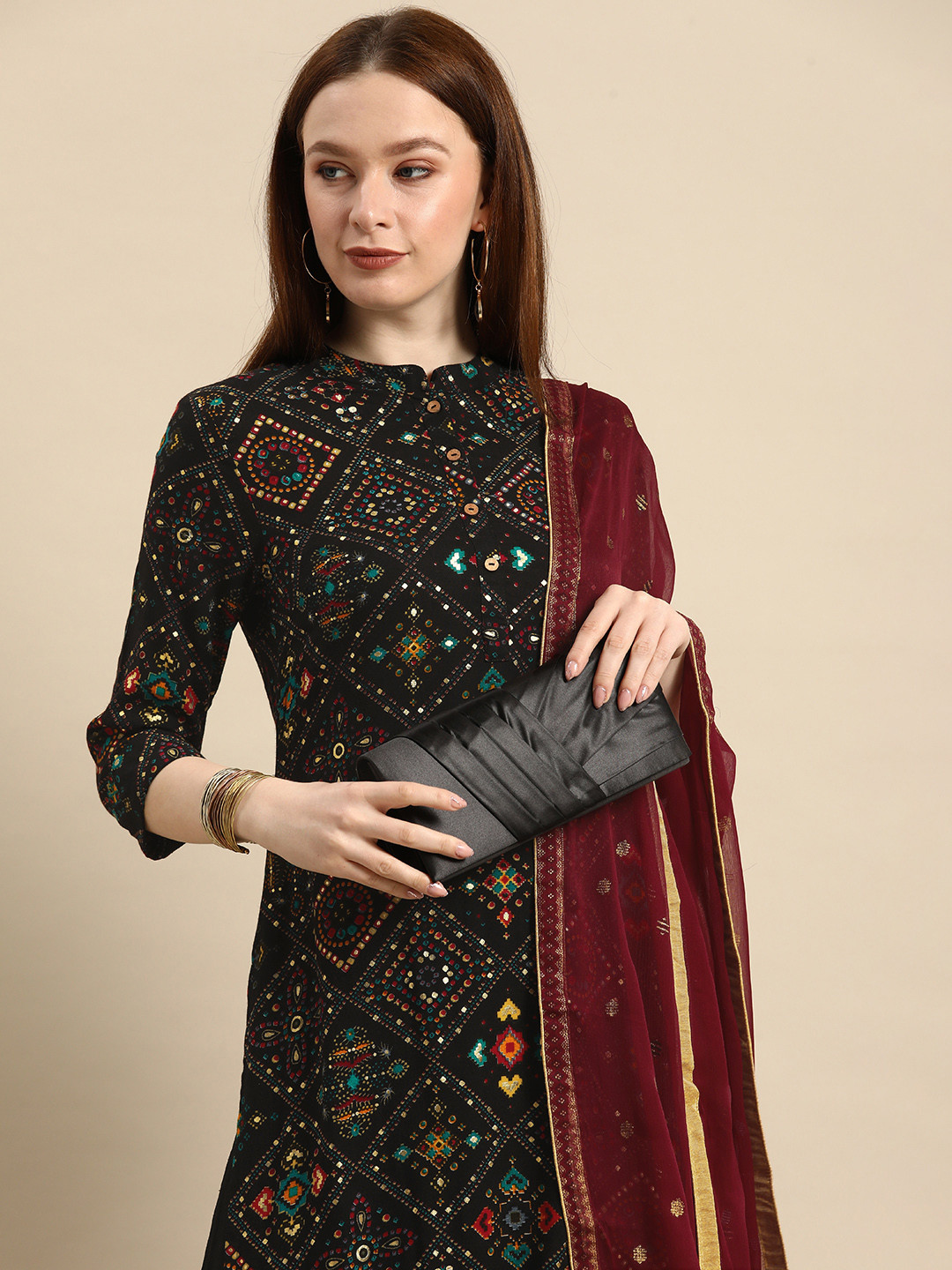 Buy Anouk Women Black Ethnic Motifs Printed Kurta With Palazzos & With ...
