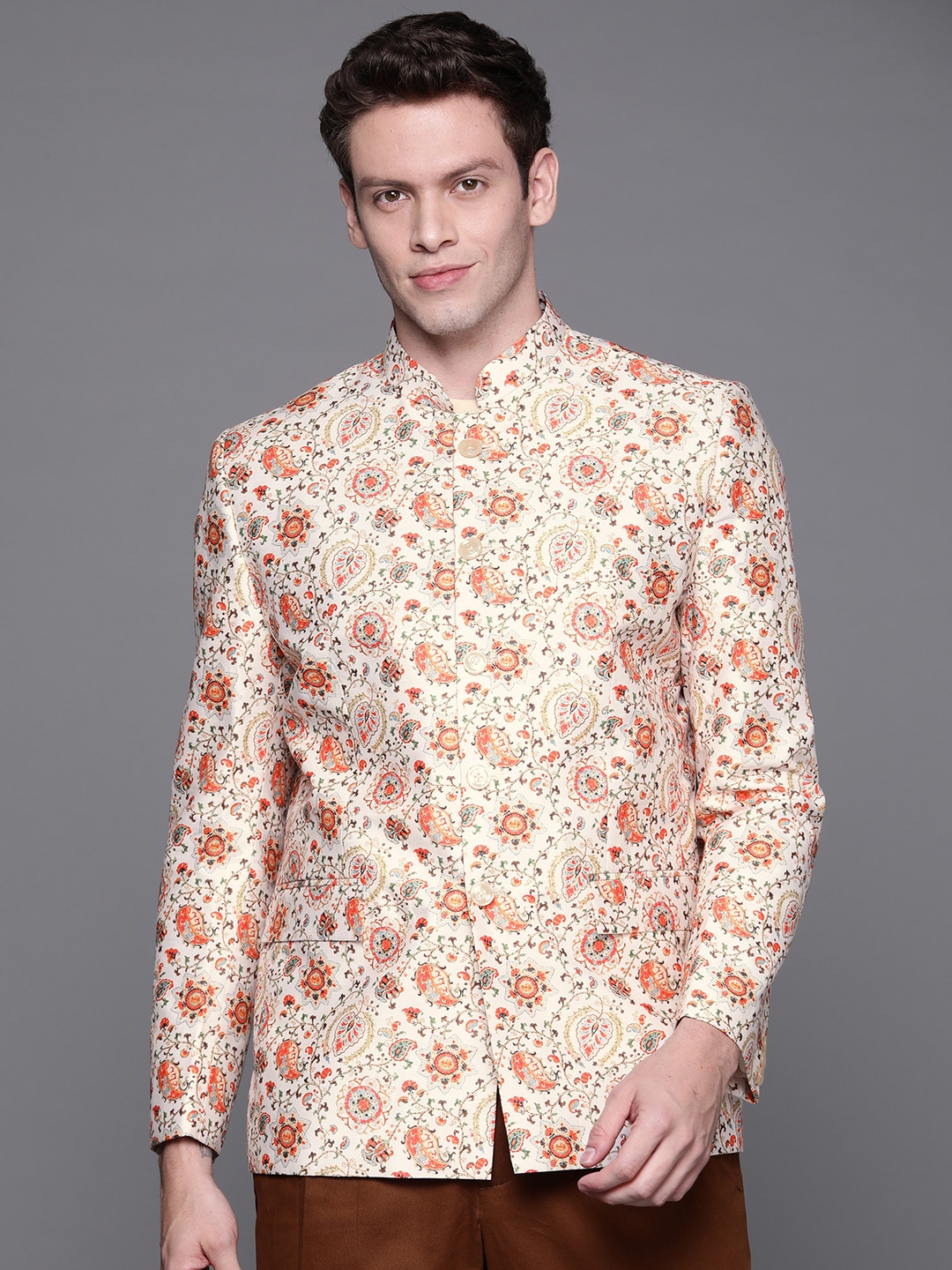Buy DEYANN Men Orange & Off White Ethnic Motifs Printed Bandhgala ... Buy DEYANN Men Orange & Off White Ethnic Motifs Printed Bandhgala ...