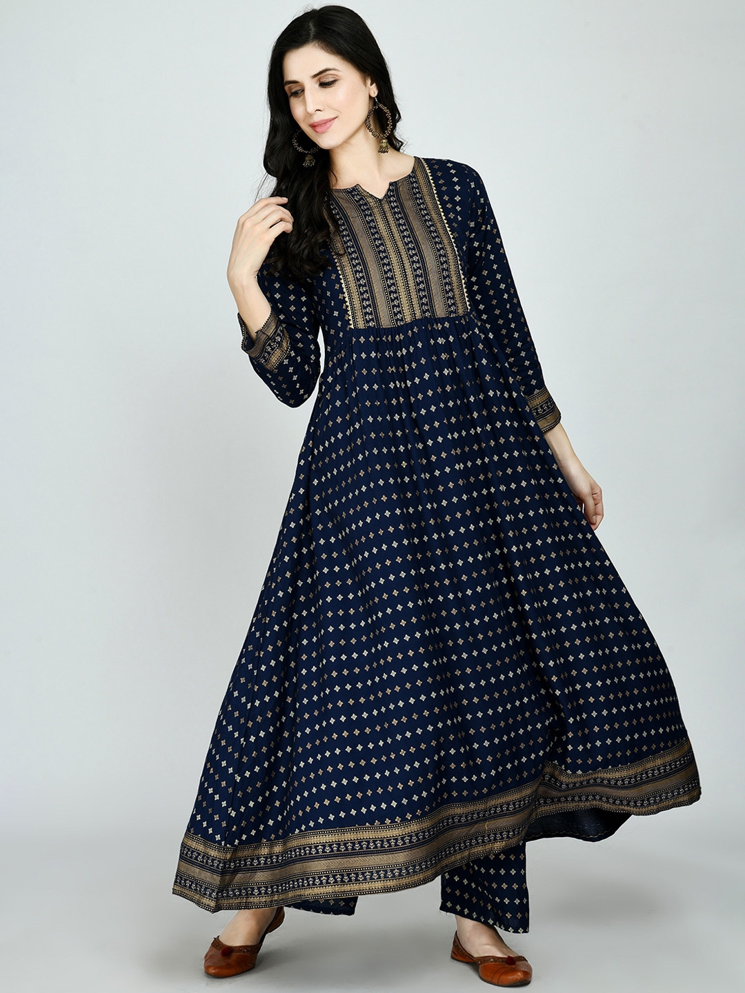 Buy Mafe Women Navy Blue And Gold Toned Ethnic Motifs Printed Kurta With