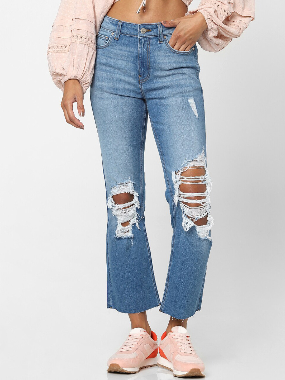 Buy ONLY Women Blue Flared High Rise Highly Distressed Heavy Fade Jeans ...