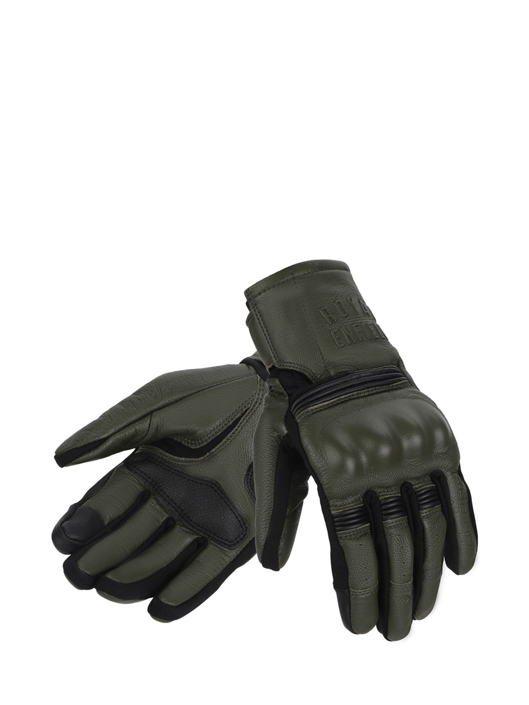 Buy Royal Enfield Men Olive Green & Black Leather Riding Gloves ...