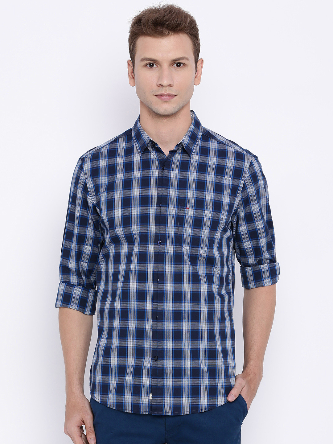Buy Indigo Nation Men Navy & Grey Slim Fit Checked Casual Shirt ...