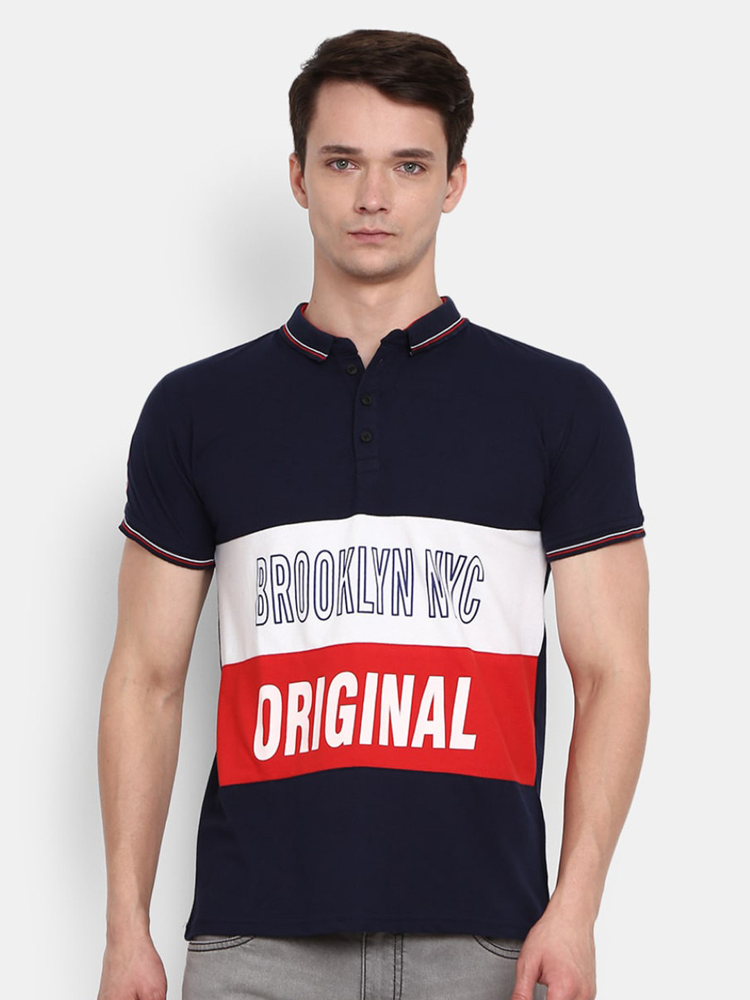 Buy V Mart Men Navy Blue & Red Typography Printed Polo Collar T Shirt ...