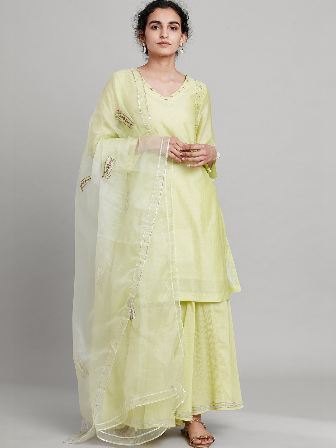Buy W The Folksong Collection Women Yellow Pure Silk Kurta With Sharara ...