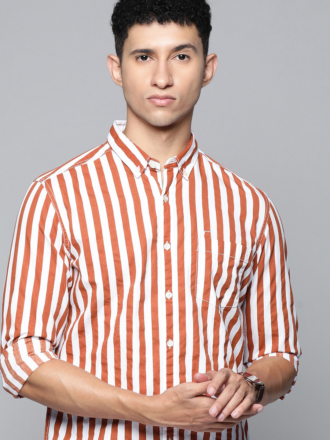 Buy Flying Machine Men Red Slim Fit Striped Casual Shirt - Shirts for ...