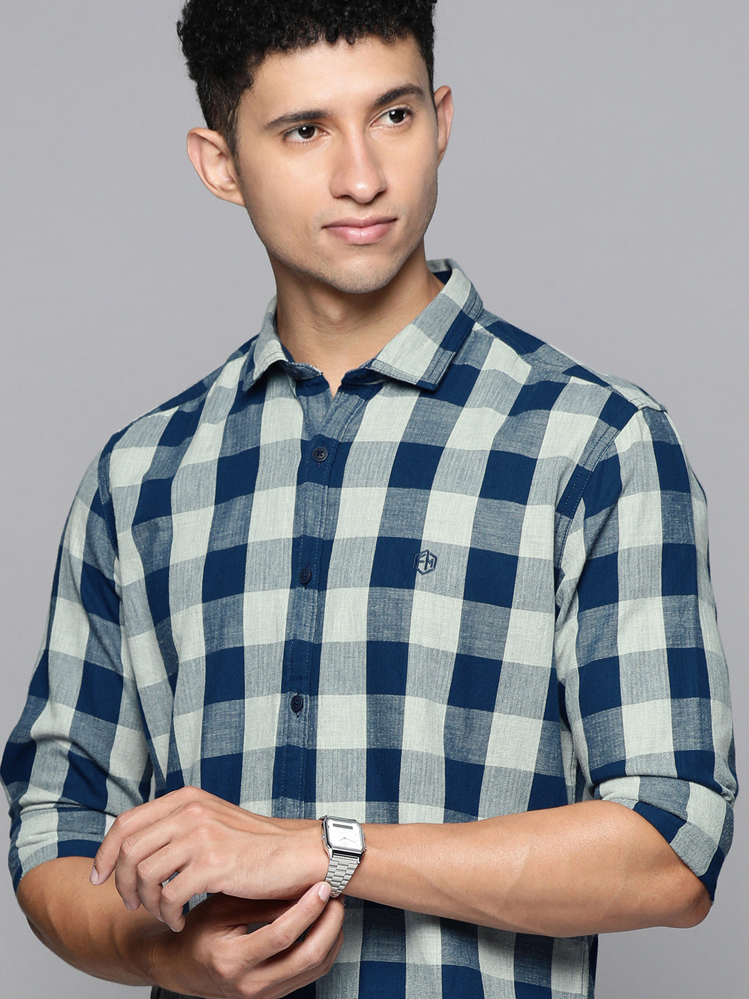 Buy Flying Machine Men Blue Slim Fit Checked Pure Cotton Casual Shirt ...