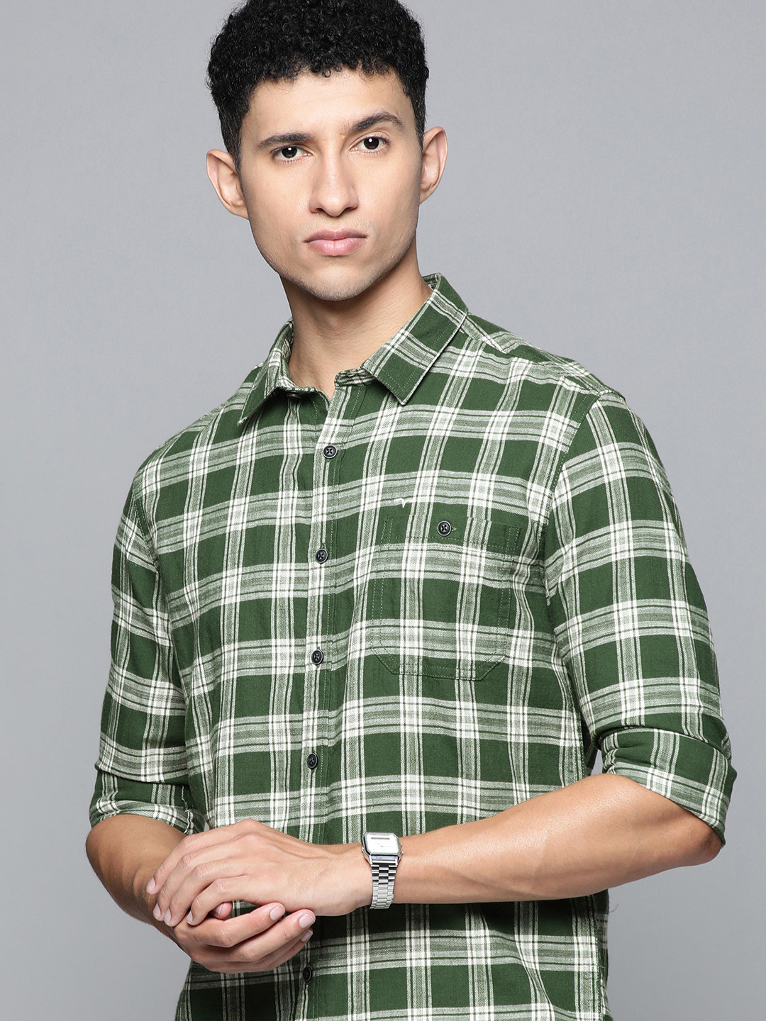 Buy Flying Machine Men Olive Green & White Slim Fit Tartan Checks Pure ...