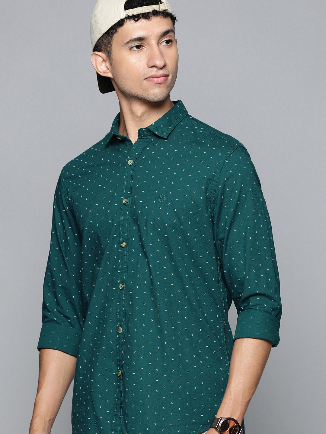 Buy Flying Machine Men Teal Green Slim Fit Printed Casual Pure Cotton ...