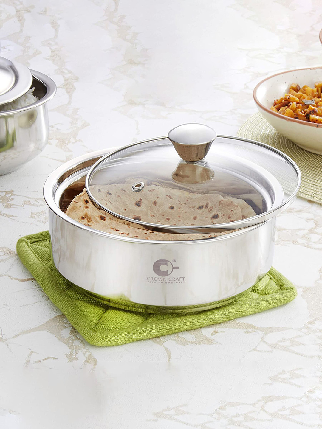 Buy Crown Craft Stainless Steel Solid Roti Casserole With Glass Lid ...