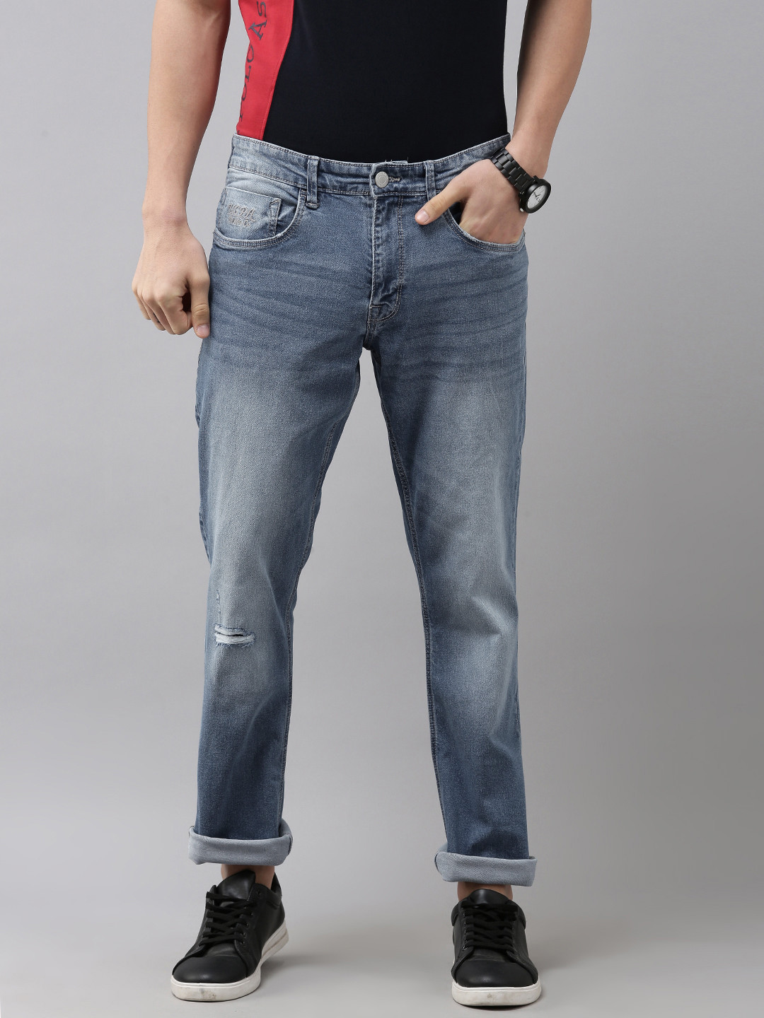 Buy U.S. Polo Assn. Denim Co. Men Blue Slim Fit Slash Knee Light Fade ...