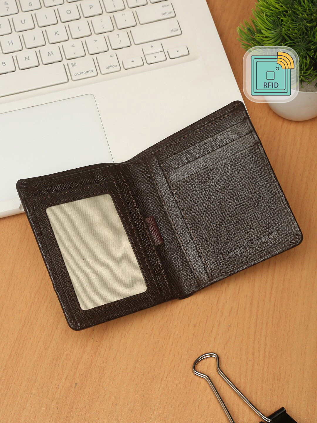 Buy Louis Stitch Mens Brown Bifold Saffiano Leather RFID Protected ...