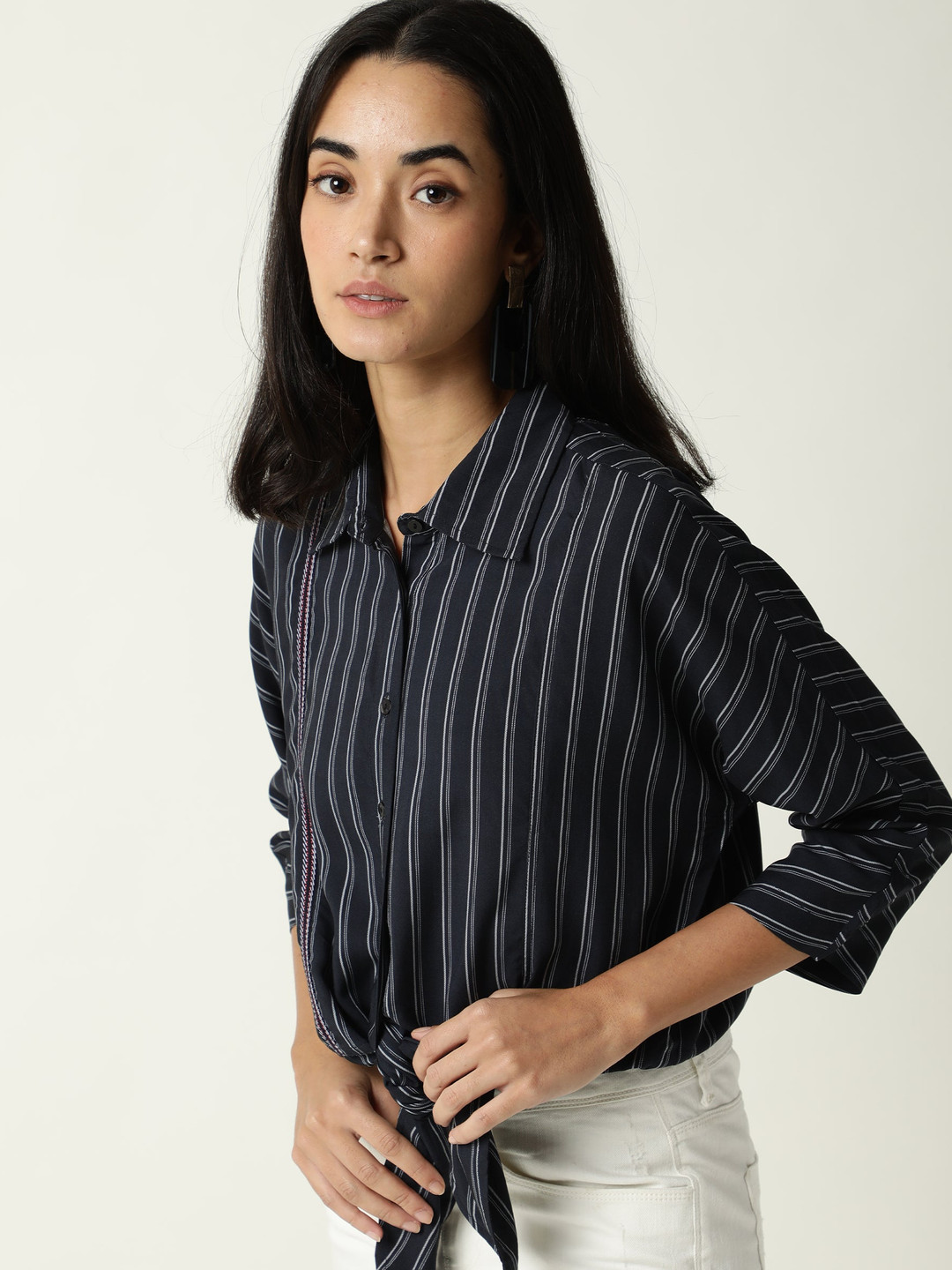 Buy RAREISM Women Navy Blue Striped Shirt Style Crop Top - Tops for ...