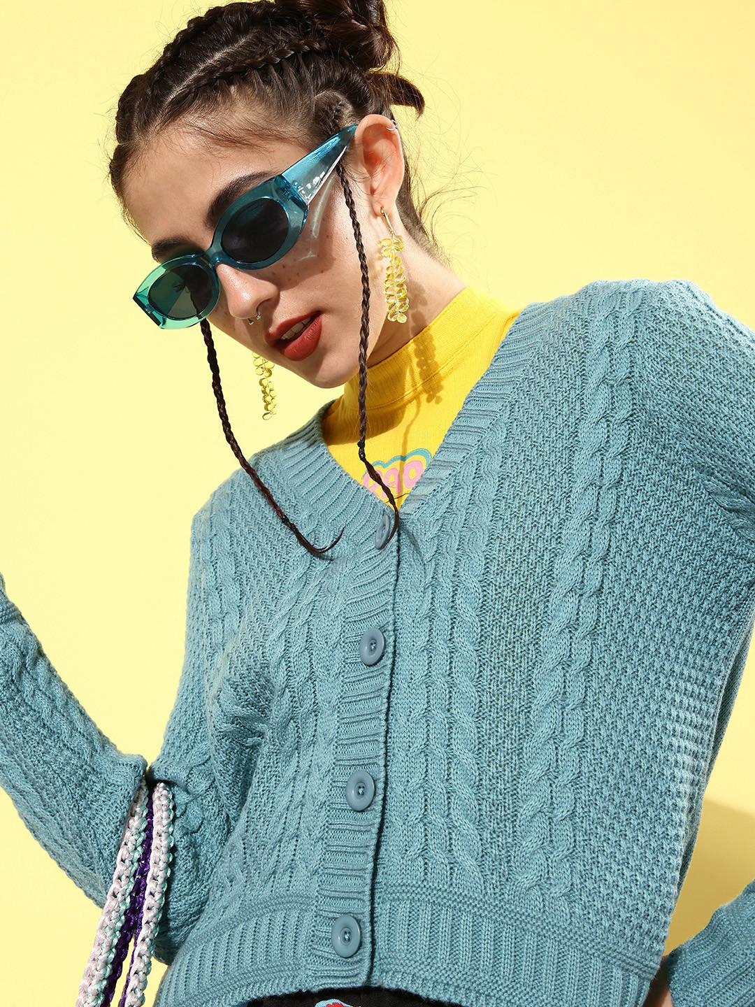 Buy 4WRD By Dressberry Women Turquoise Blue Cable Knit Cute Cardigan ...