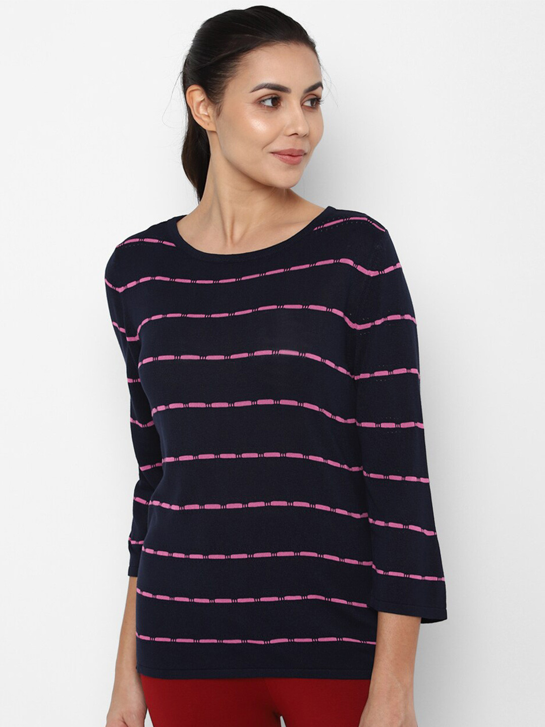 Buy Allen Solly Women Navy Blue Round Neck Three Quarter Sleeve ...