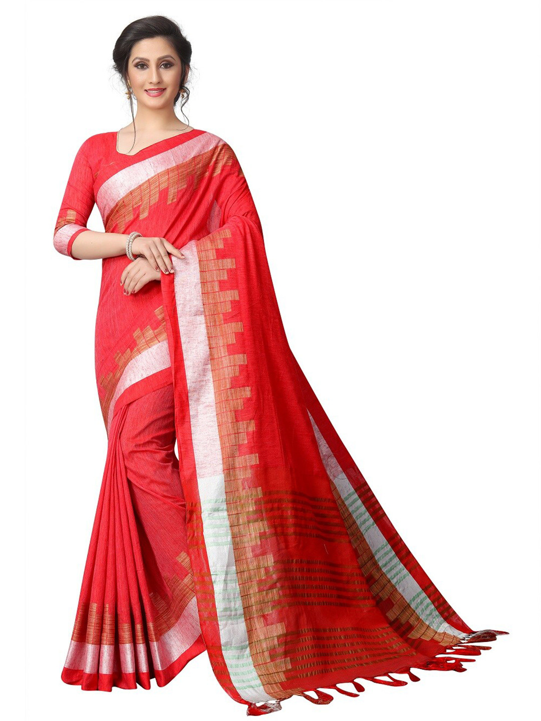 Buy PERFECTBLUE Red & Silver Toned Woven Design Cotton Linen Saree ...