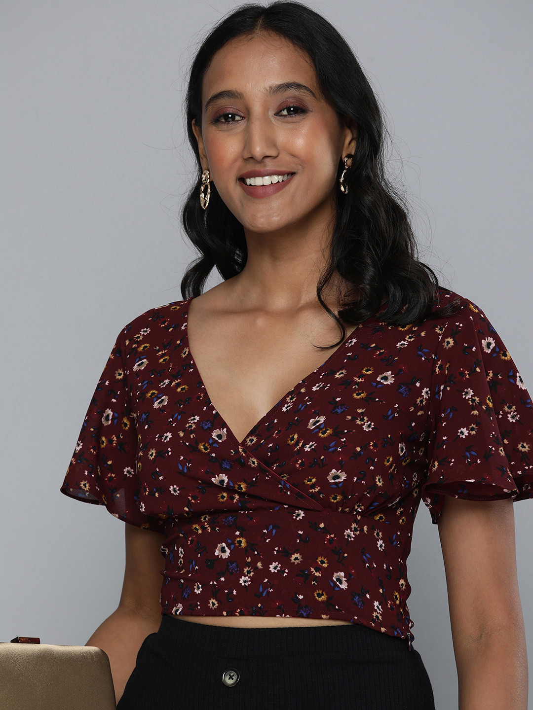 Buy MAGRE Maroon Floral Print Georgette Wrap Crop Top - Tops for Women ...