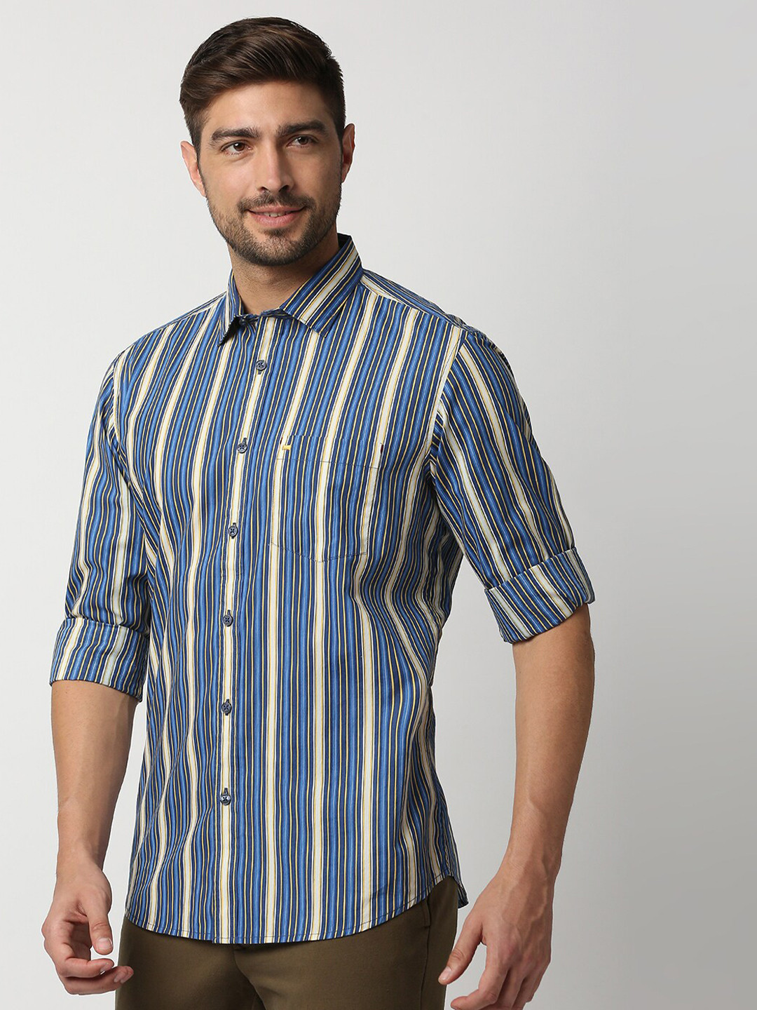 Buy Basics Men Navy Blue Slim Fit Striped Cotton Casual Shirt - Shirts ...