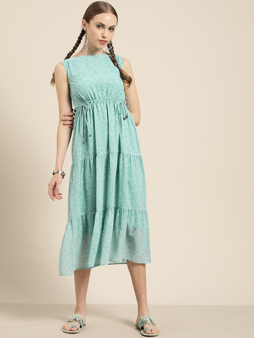 Buy Sangria Women Sea Green & White Floral Printed Ethnic A Line Dress ...