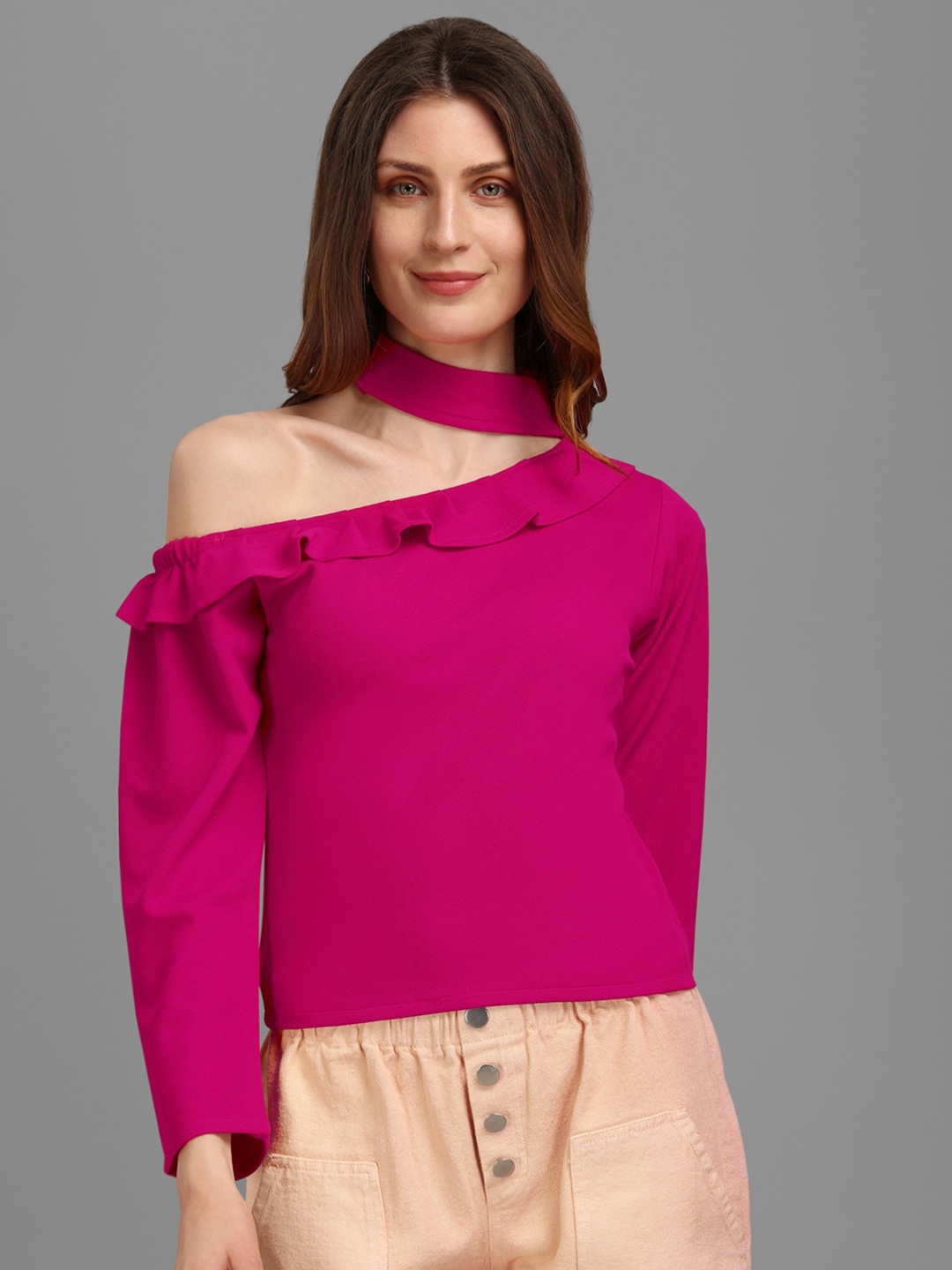Buy Purvaja Pink Solid One Shoulder Ruffles Crop Top Tops For Women
