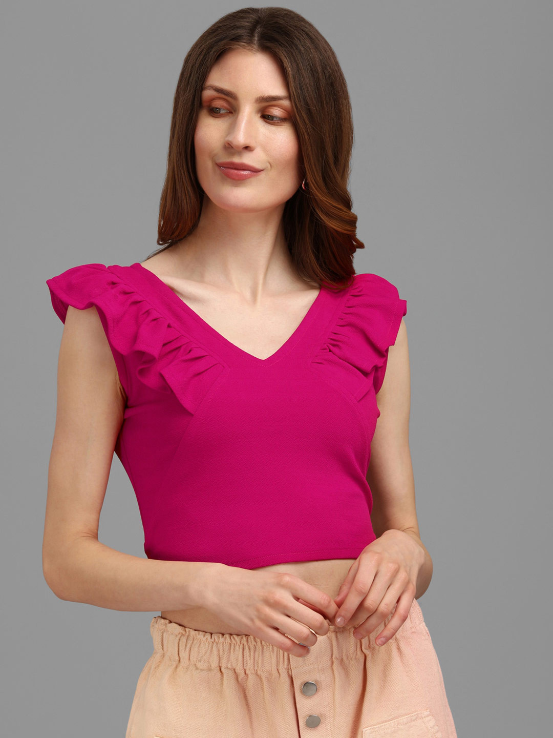 Buy PURVAJA Women Pink Solid Ruffles Sleeveless Boxy Crop Top - Tops ...