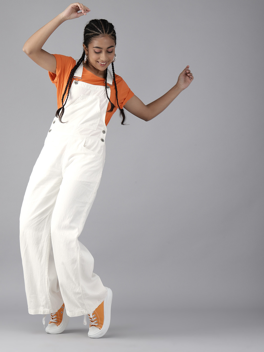 Buy UTH By Roadster Teen Girls White Solid Pure Cotton Dungarees ...