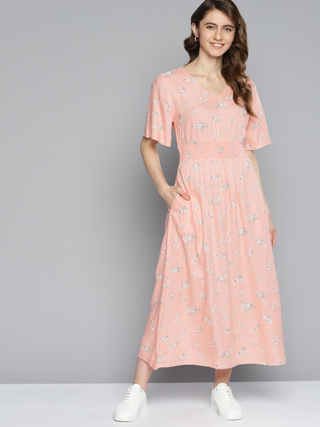 Buy Mast And Harbour Dusty Pink And Green Floral A Line Midi Dress