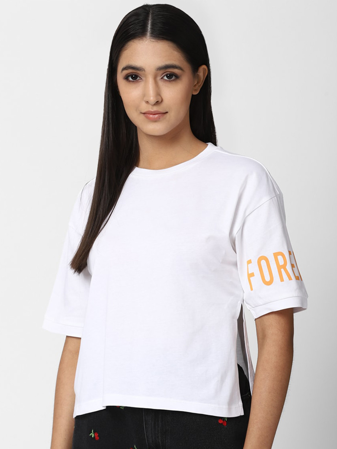 Buy FOREVER 21 White Drop Shoulder Sleeves Pure Cotton Boxy Top - Tops ...