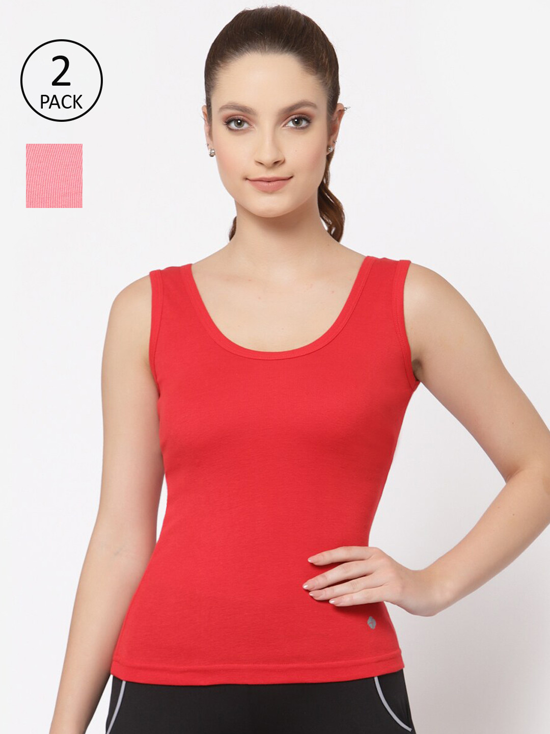 Buy Floret Women Pack Of 2 Red & Pink Solid Cotton Camisoles ...