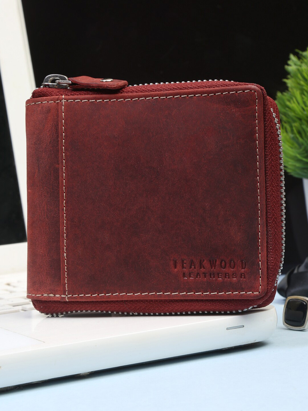 Buy Teakwood Leathers Men Red Solid Leather RFID Protected Zip Around ...