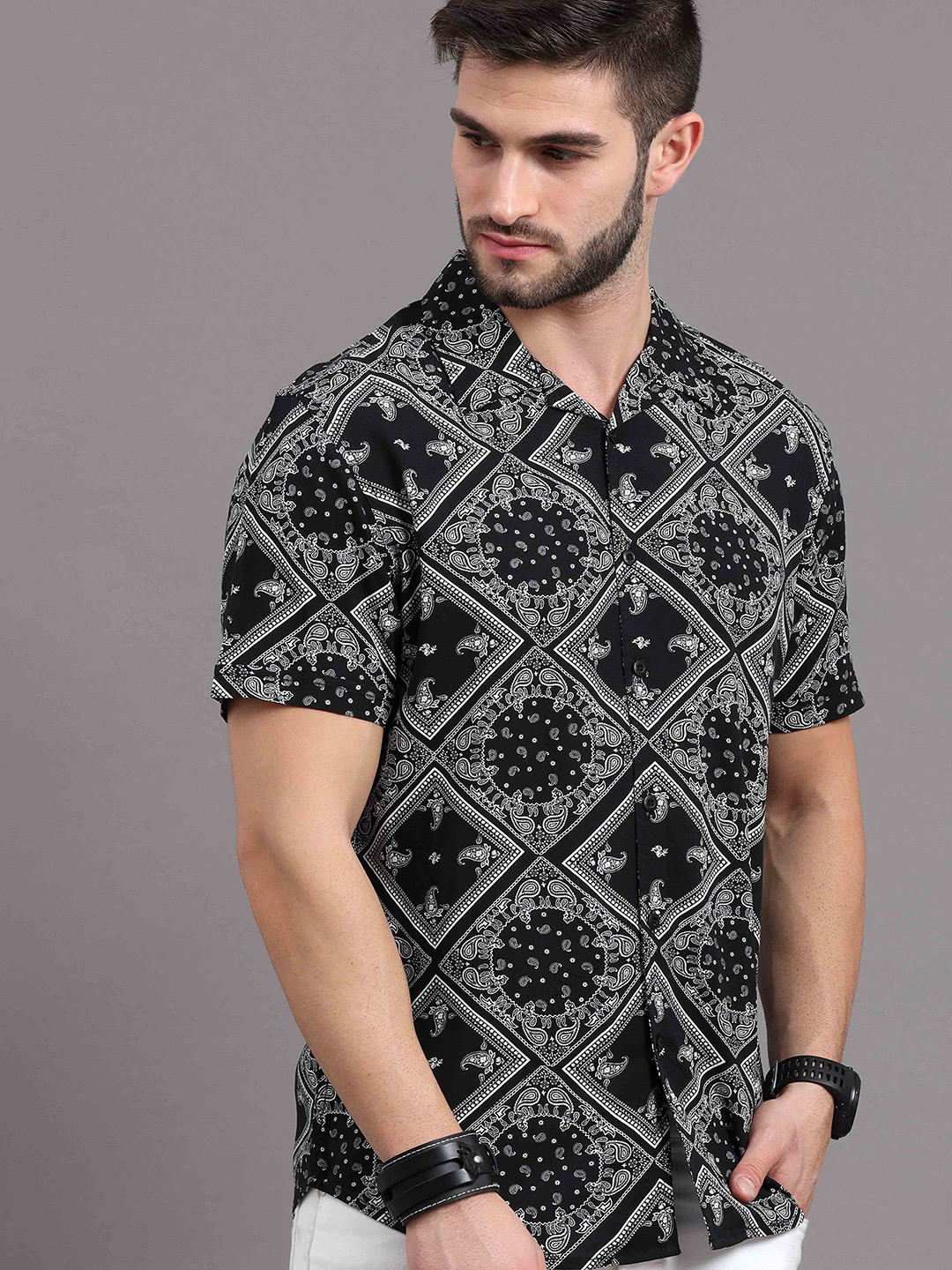 Buy HERE&NOW Men Black Slim Fit Ethnic Printed Casual Shirt - Shirts ...