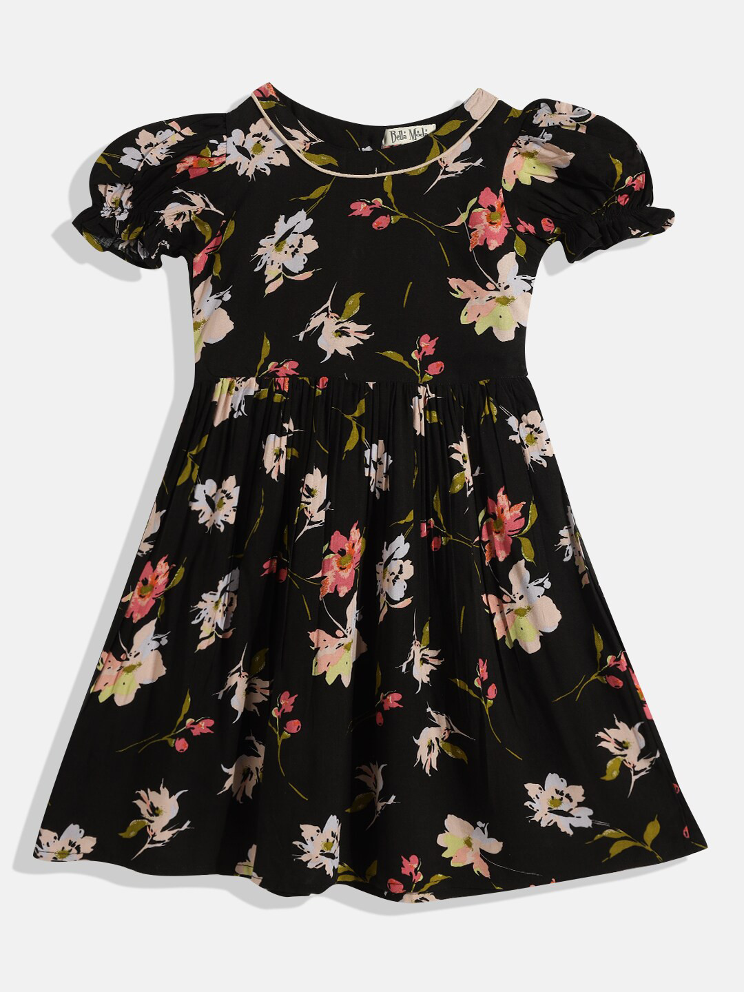 Buy Bella Moda Girls Black Floral Printed Pure Cotton Fit & Flare Dress ...