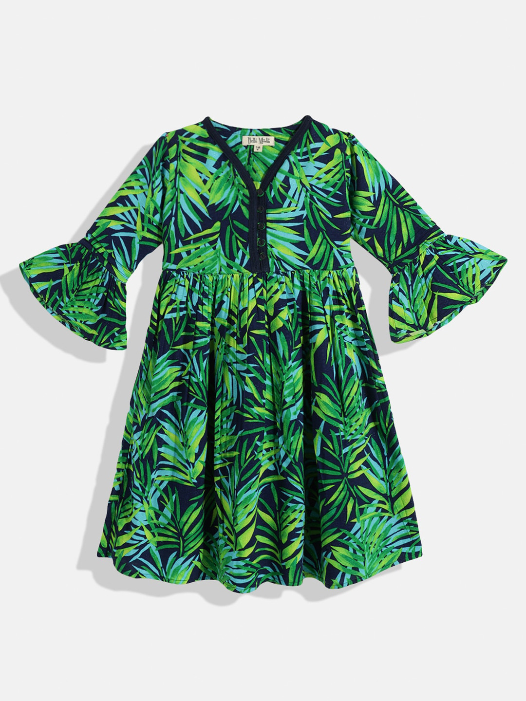 Buy Bella Moda Girls Green Tropical Printed Pure Cotton Fit & Flare ...