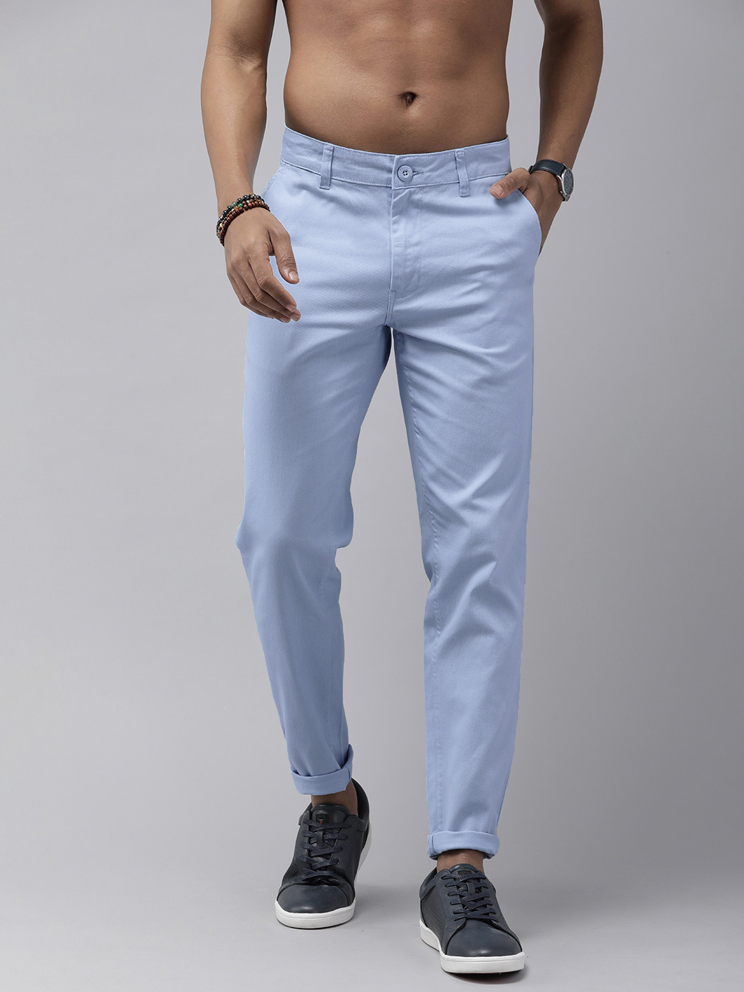 Buy Roadster Men Light Blue Straight Fit Trousers - Trousers for Men ...